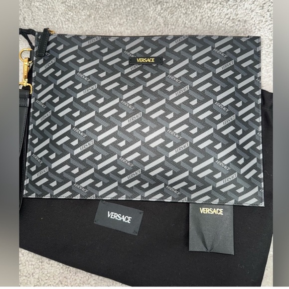Versace | Bags | Versace Greca Monogram Black Gray Large Pouchwristlet ...
